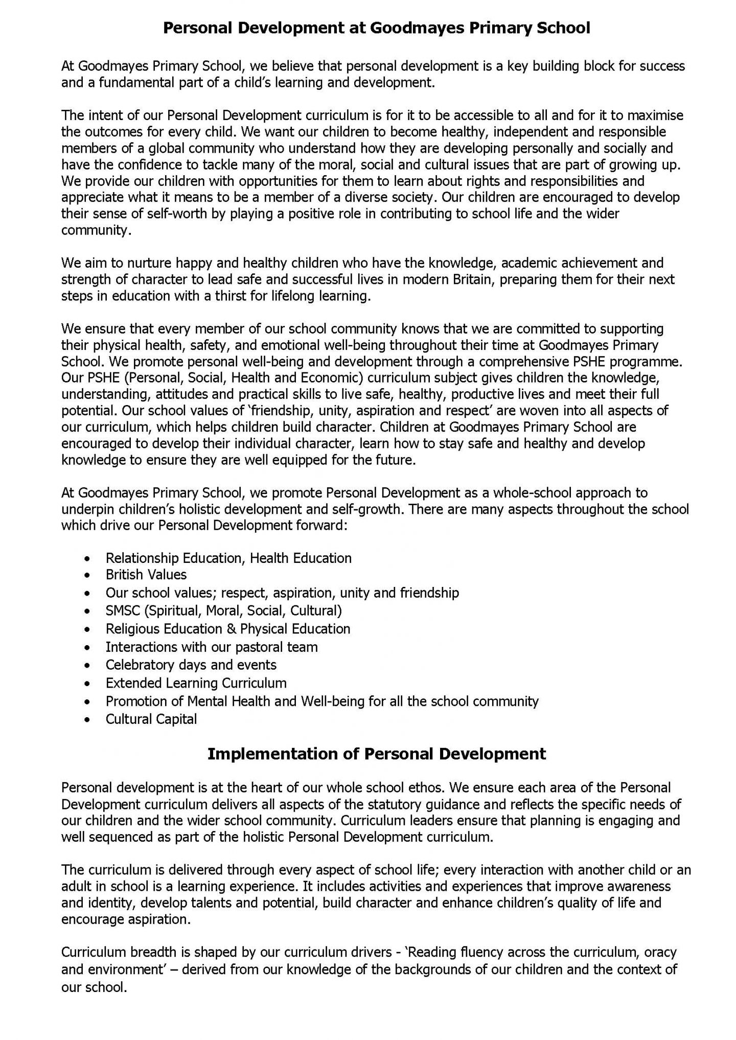 Personal Development - Goodmayes Primary School